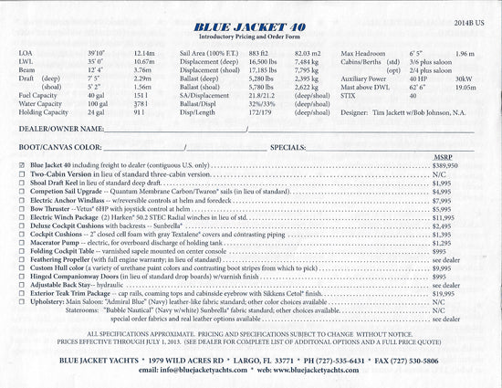 Blue Jacket 40 Specification Brochure – SailInfo I boatbrochure.com