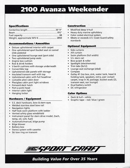 Sport Craft 2100 Avanza Weekender Brochure – SailInfo I boatbrochure.com